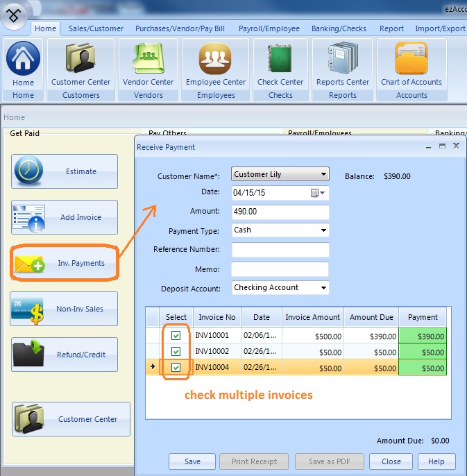 EzAccounting Apply Single Payment To Multiple Invoices
